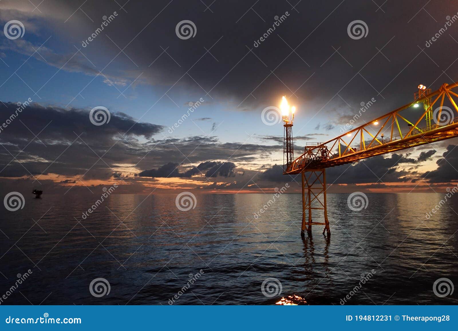 Fire on Flare Stack at Oil and Gas Central Processing Platform while ...