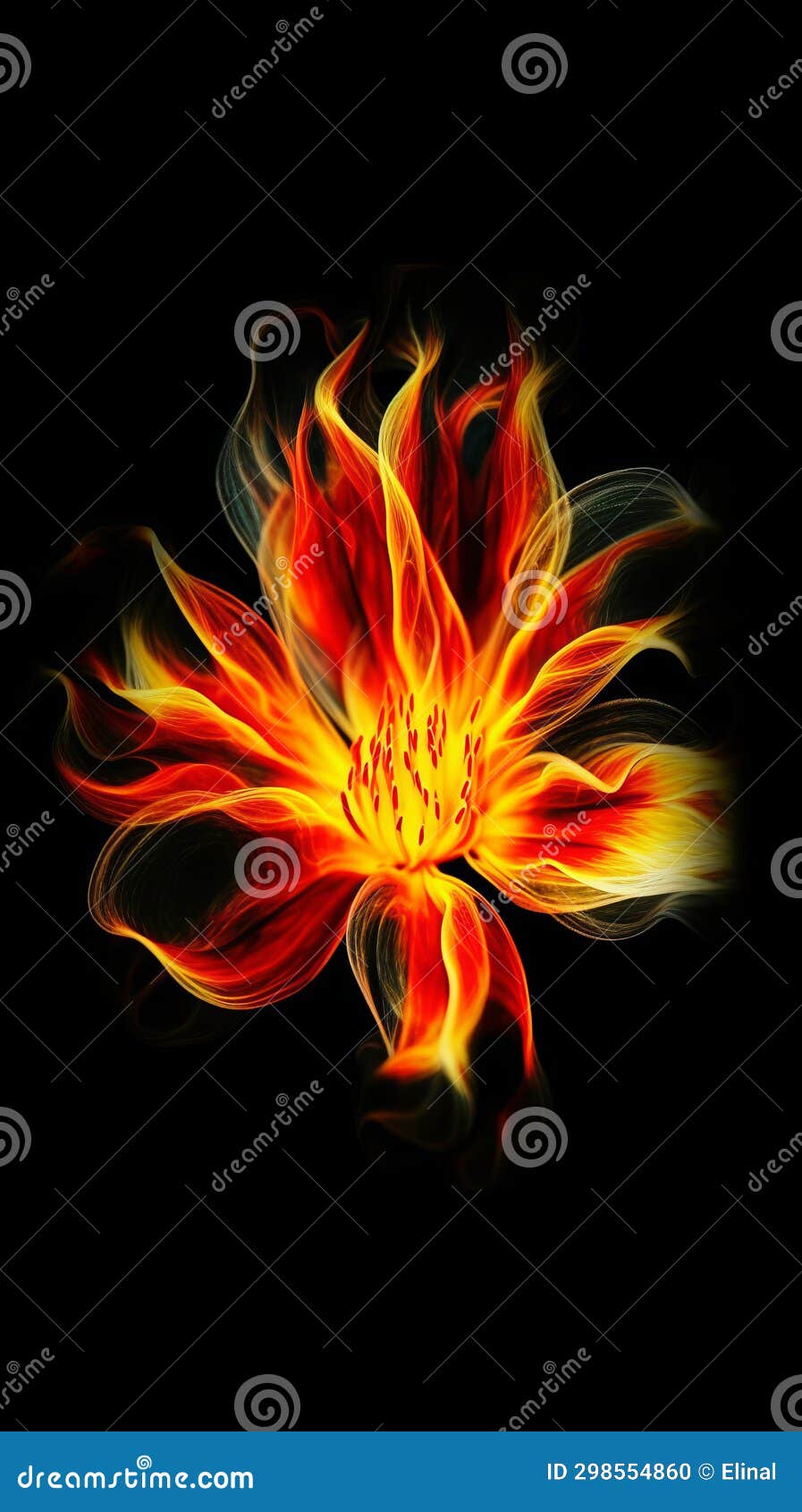Fire Flower, in Flame Glows on Black Background. AI Generative. Burning ...