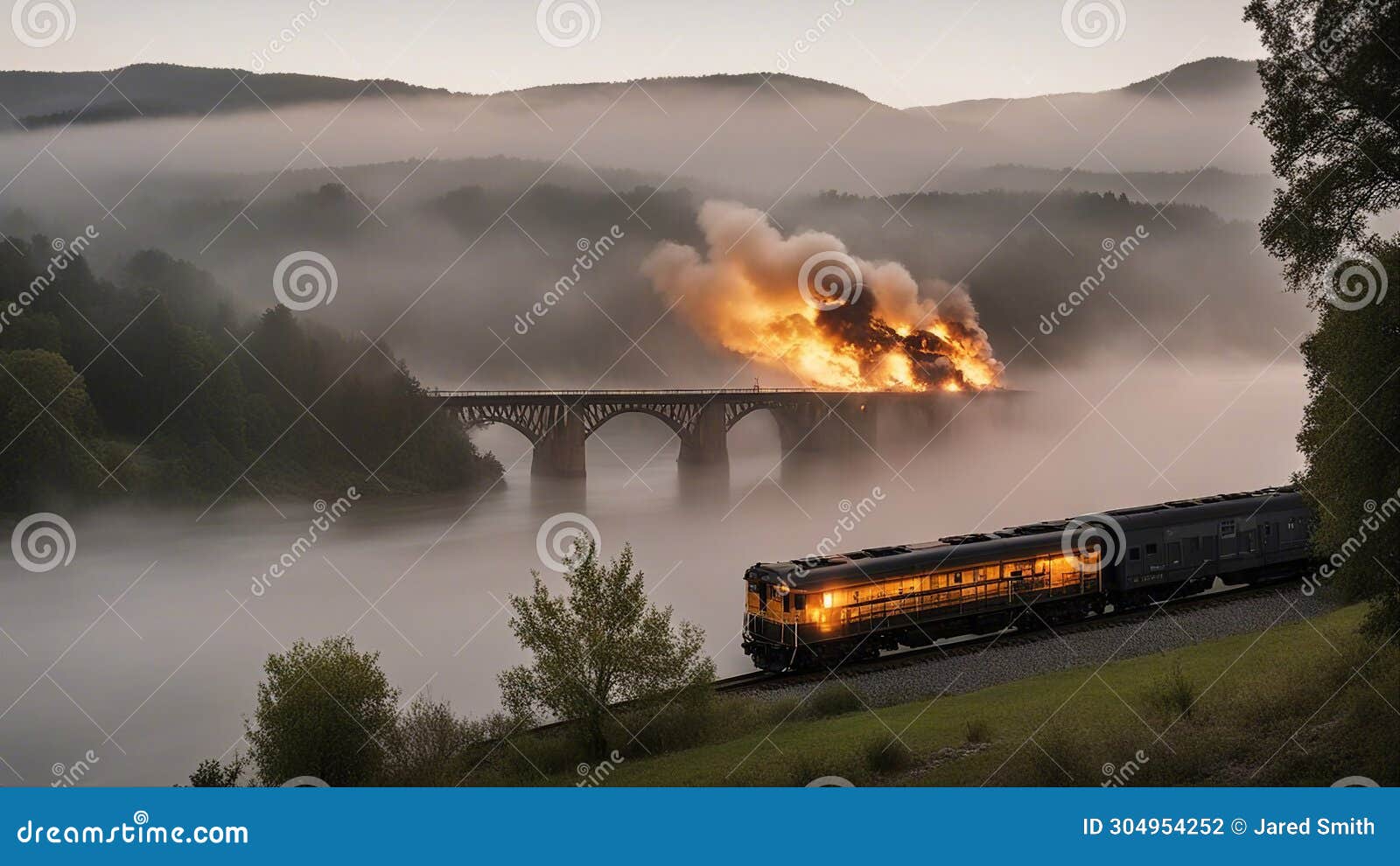Fire in the Forest a Burning Train on Fire, Exploding, that Crosses a ...