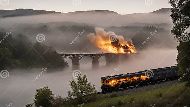 Fire in the Forest a Burning Train on Fire, Exploding, that Crosses a ...