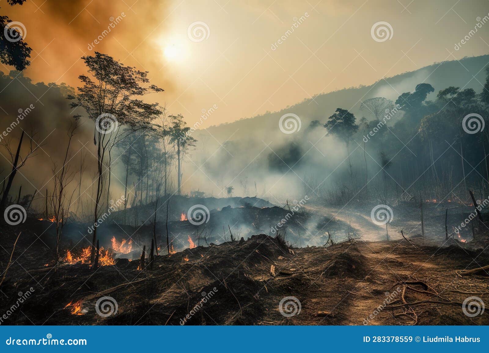 Fire in the Forest, Burning Trees and Grass. Generative AI Stock ...