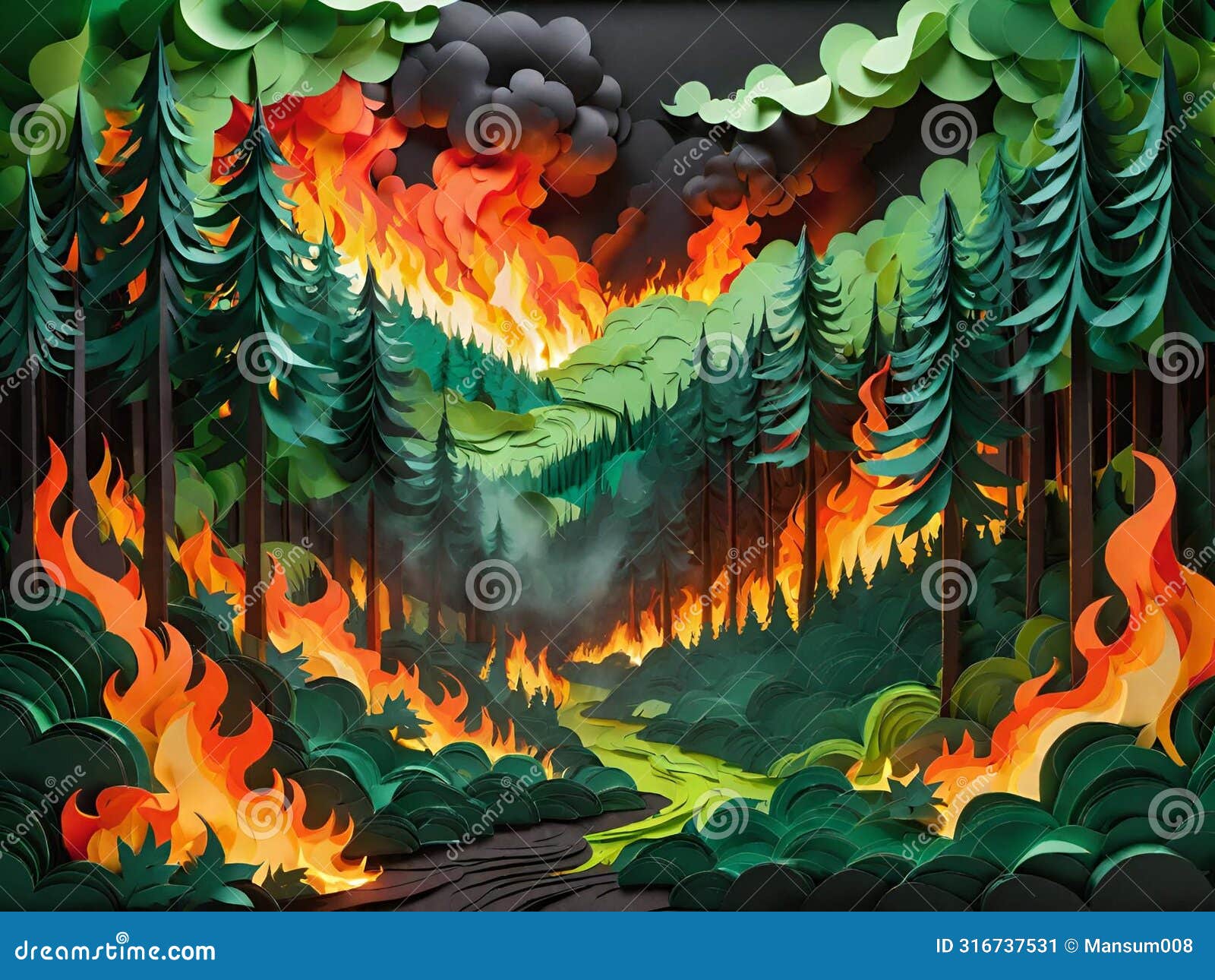 Fire Forest with Burning Trees, Paper Art. Illustration Stock ...