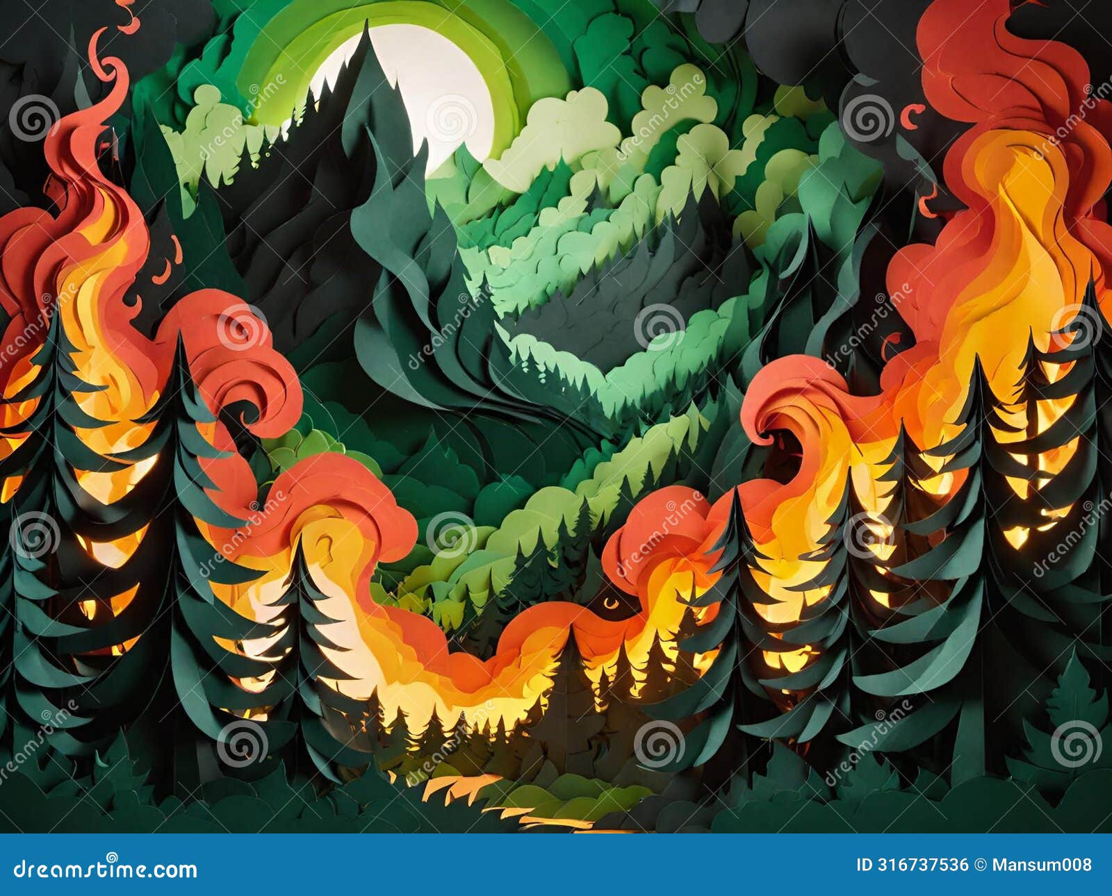 Fire Forest with Burning Trees, Paper Art. Illustration Stock ...