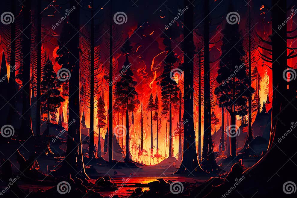 A Fire in the Forest with a Dark Sky and a Fire in the Foreground Stock ...