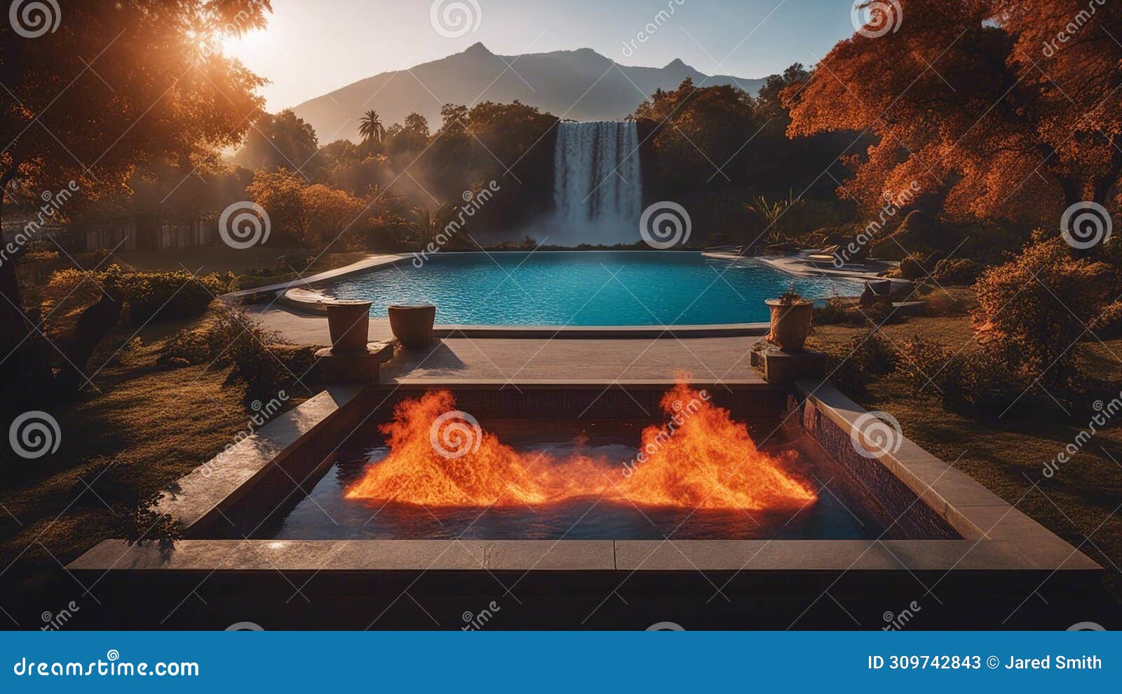 Fire in the Forest Horror a Swimming Pool with a Waterfall and Fire ...