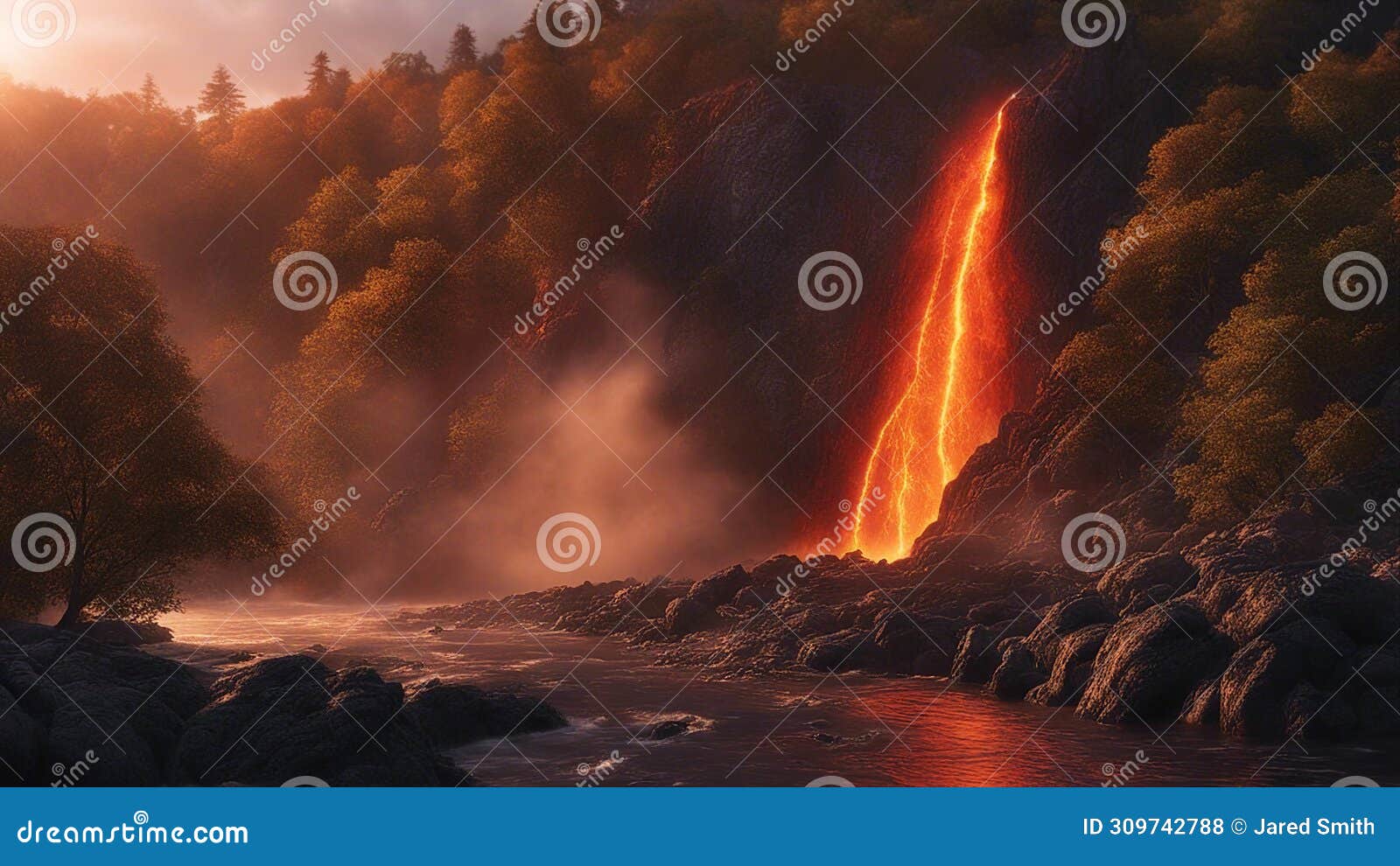 Fire in the Forest Horror_ a Waterfall of Fire, with a Landscape of ...
