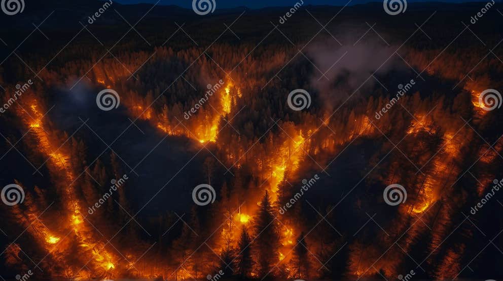 Fire in the Forest at Night Along the Paths Stock Illustration ...