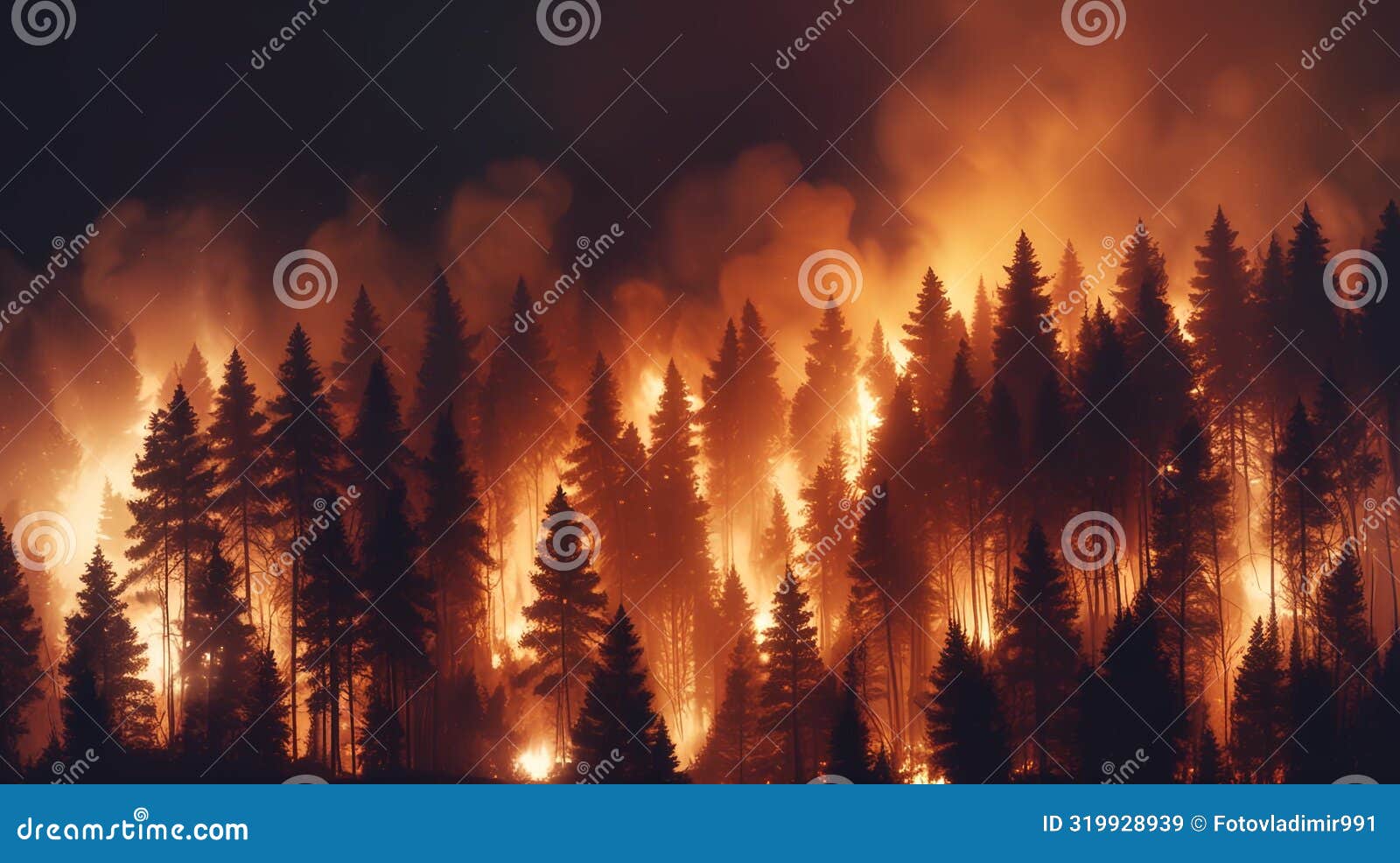 Fire in the Forest at Night. Spruce Trees are Burning Stock ...