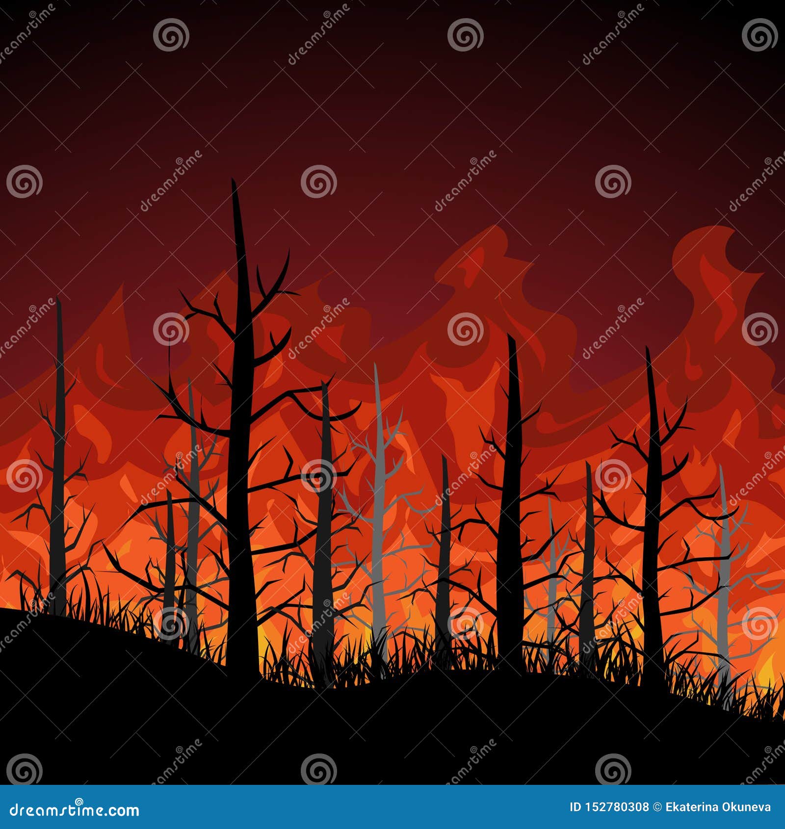 Fire In Forest, Polluted Wood With Raging Flames Cartoon Vector ...