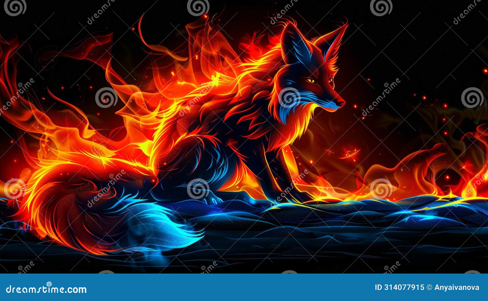 A Fire Fox Sitting on Top of a Rock, a Magical Creature Made of Fire on ...