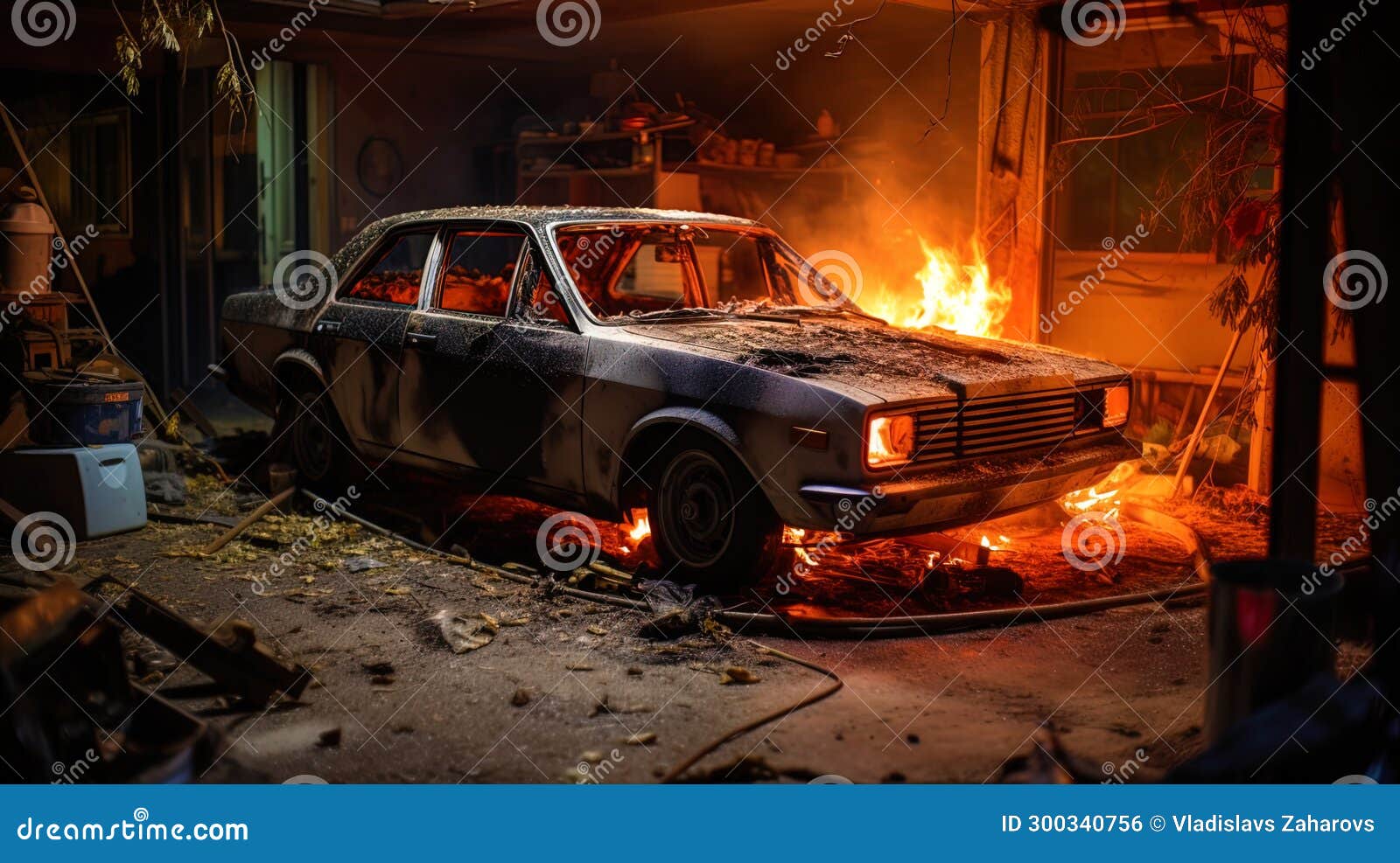 A Fire in a Garage, a Burned Car Stock Illustration - Illustration of ...