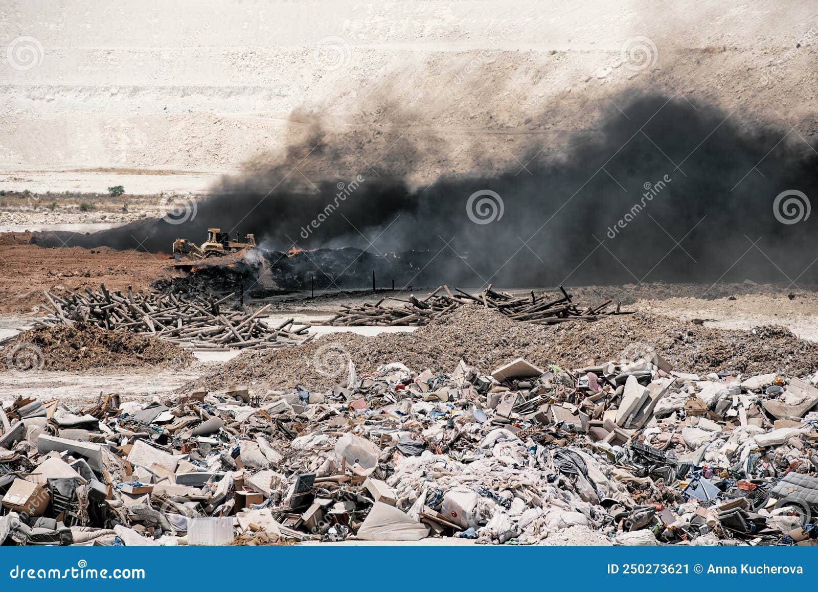 Fire at Garbage Dump, Black Smoke from Burning Old Tyres and Bulldozer ...