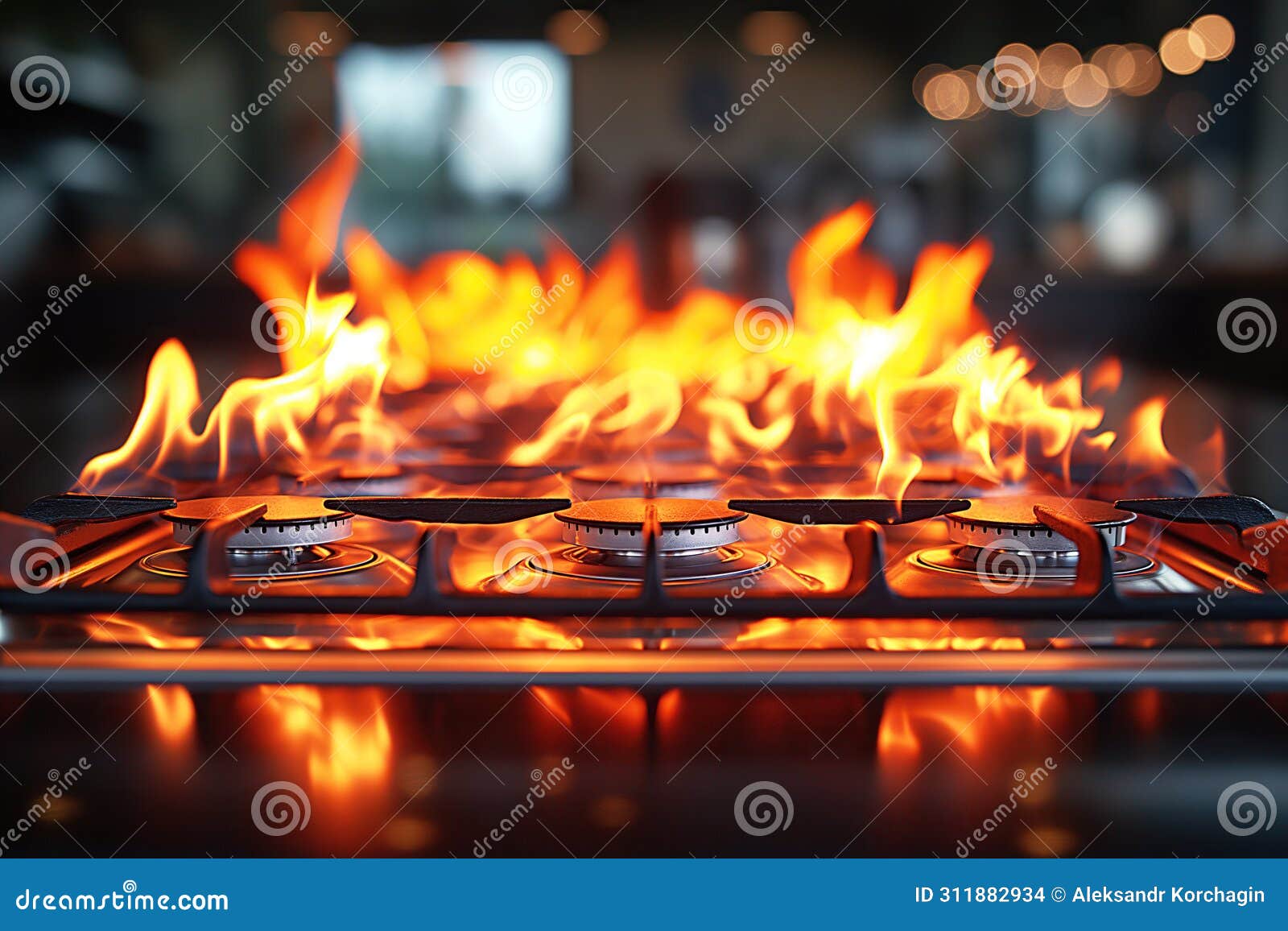 Fire on Gas Stove in the Kitchen. Dangerous Flame Stock Photo - Image ...