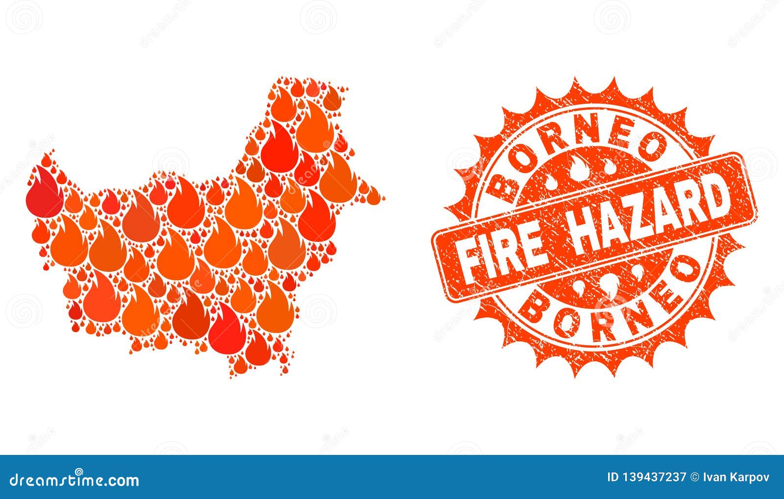 Composition of Map of Borneo Island Burning and Fire Hazard Grunge ...