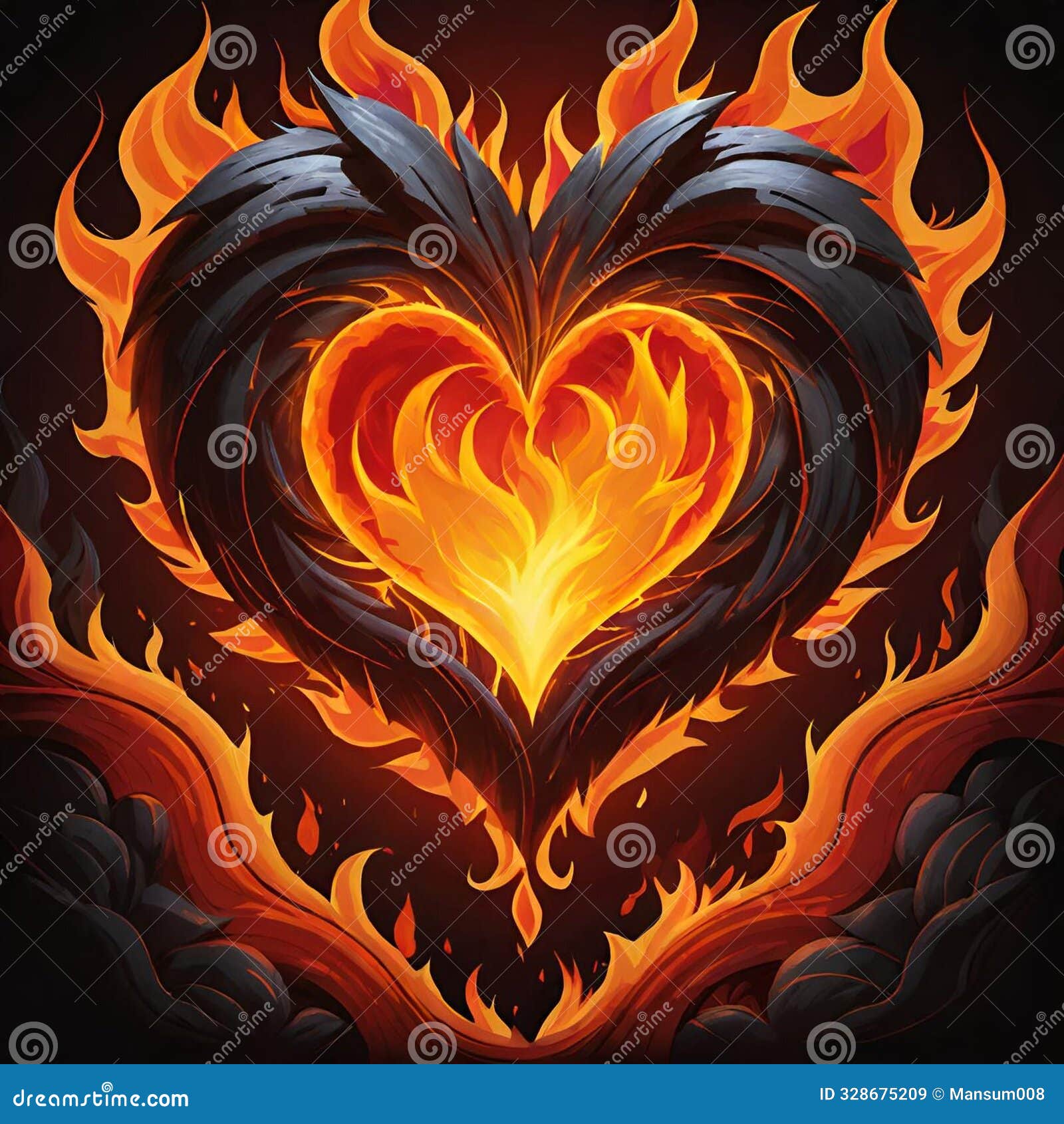Fire heart with flame stock illustration. Illustration of love - 328675209
