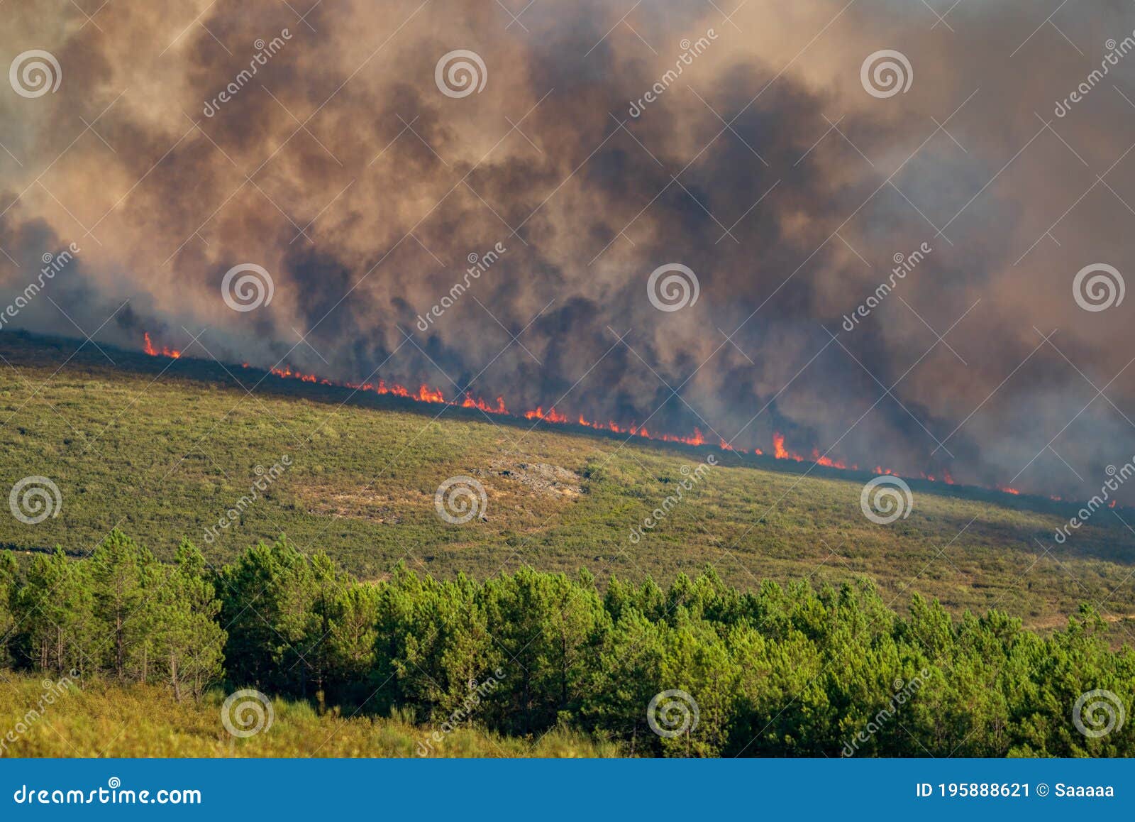 Fire in the Hillside with Dark Smoke, Long Shot Stock Image - Image of ...