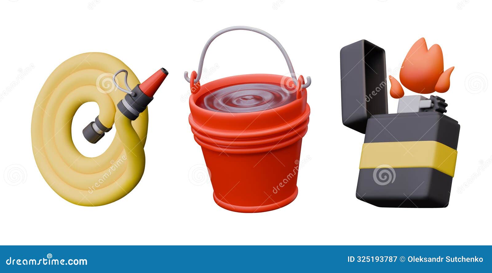 Fire Hose, Bucket with Water, Lighter with Fire. Isolated Elements in ...
