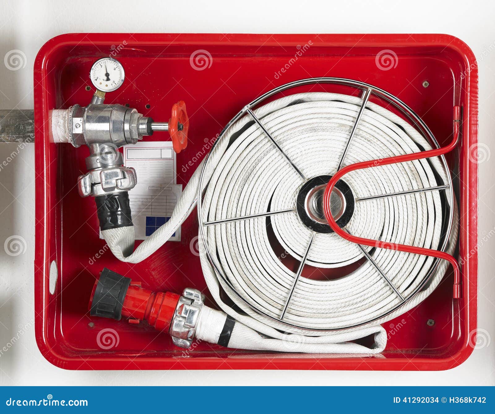 Fire Hose Equipment in a Red Metallic Box Stock Photo - Image of gear ...