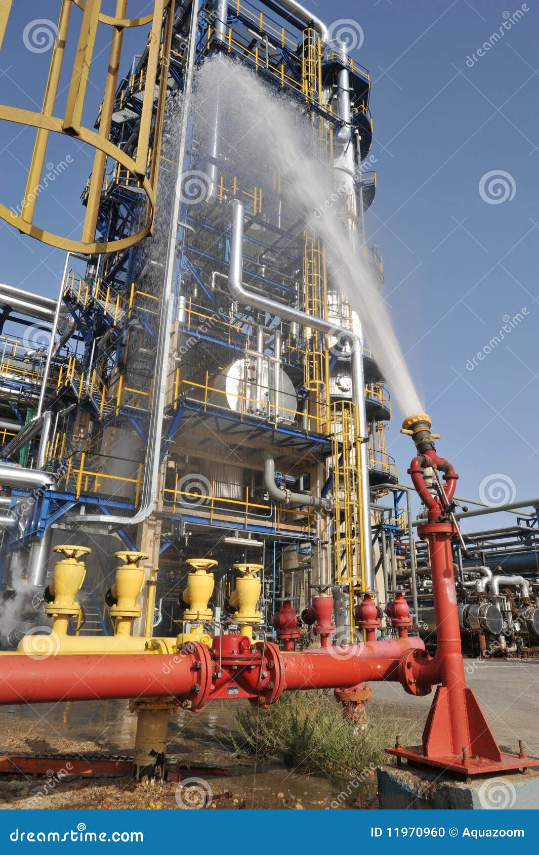 Fire Hose Spray Water on Fuel Refinery Stock Photo - Image of hose ...
