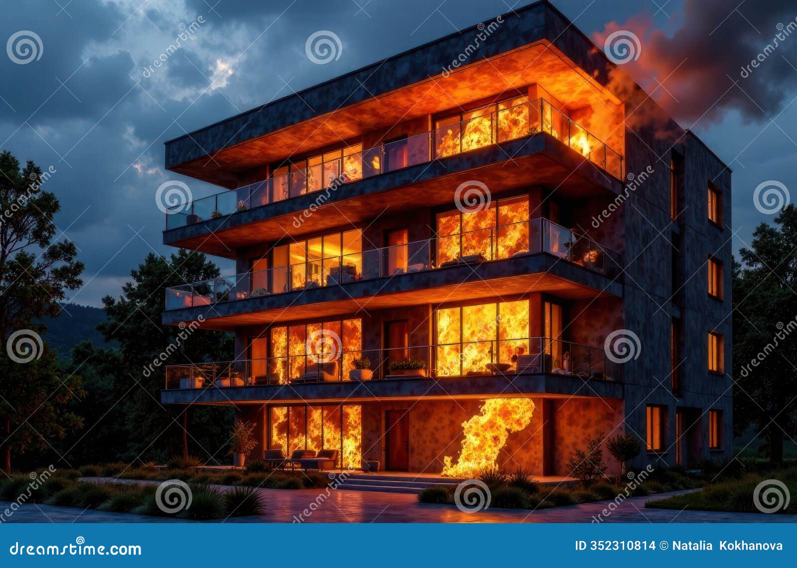 Fire in the House. an Apartment Building with Windows from Which ...