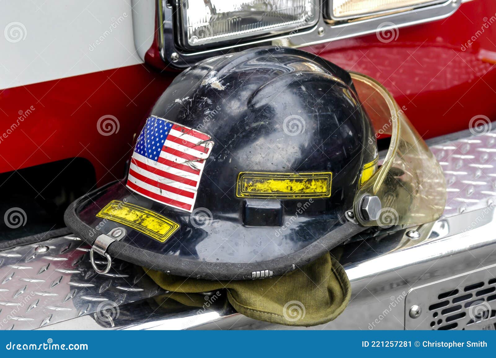 Back Fire Fighters Helmet Sit on the Front of a Fire Truck Editorial ...