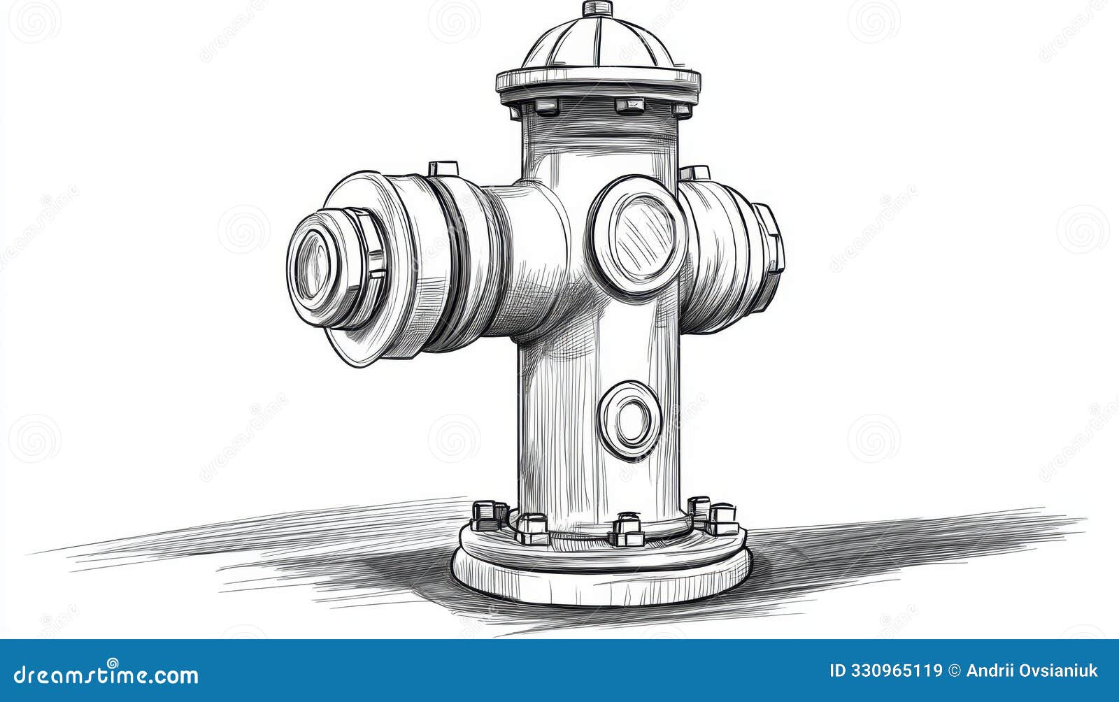 Fire Hydrant Drawing with Details and Shadows, Showcasing Three Outlet ...