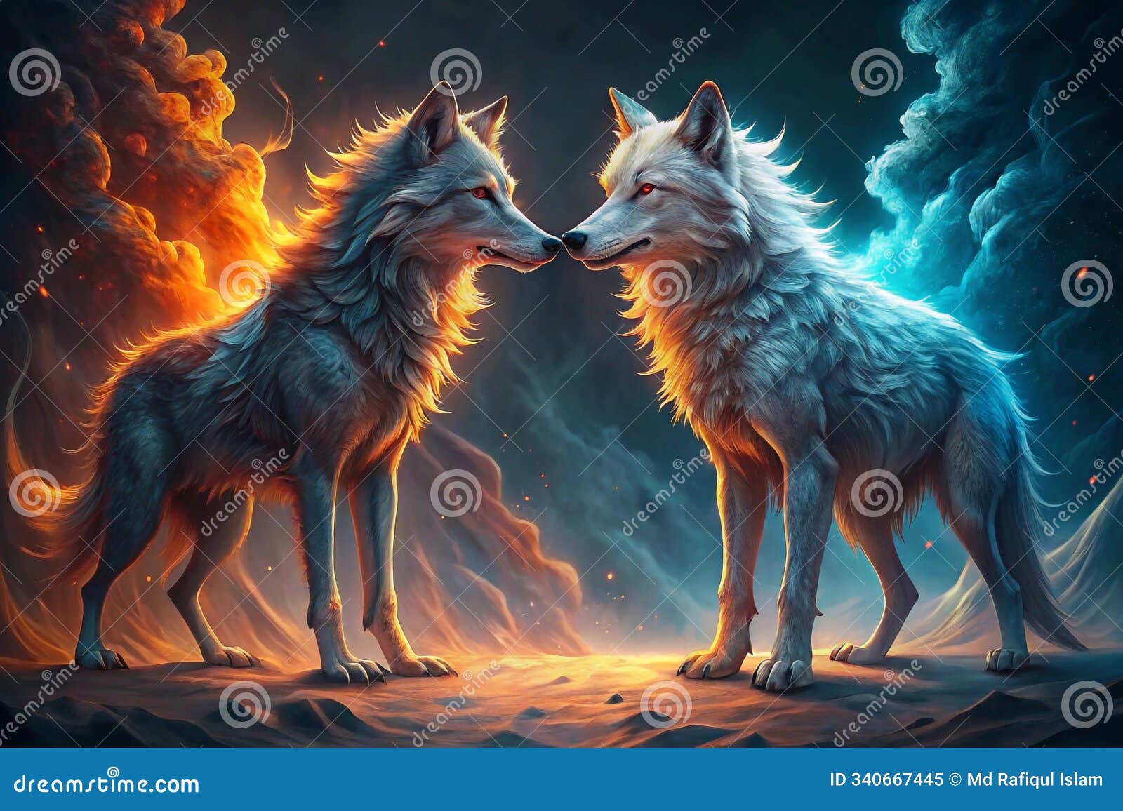 Fire and Ice Wolves Two Wolves One Made of Fire and Ice. Generative AI ...