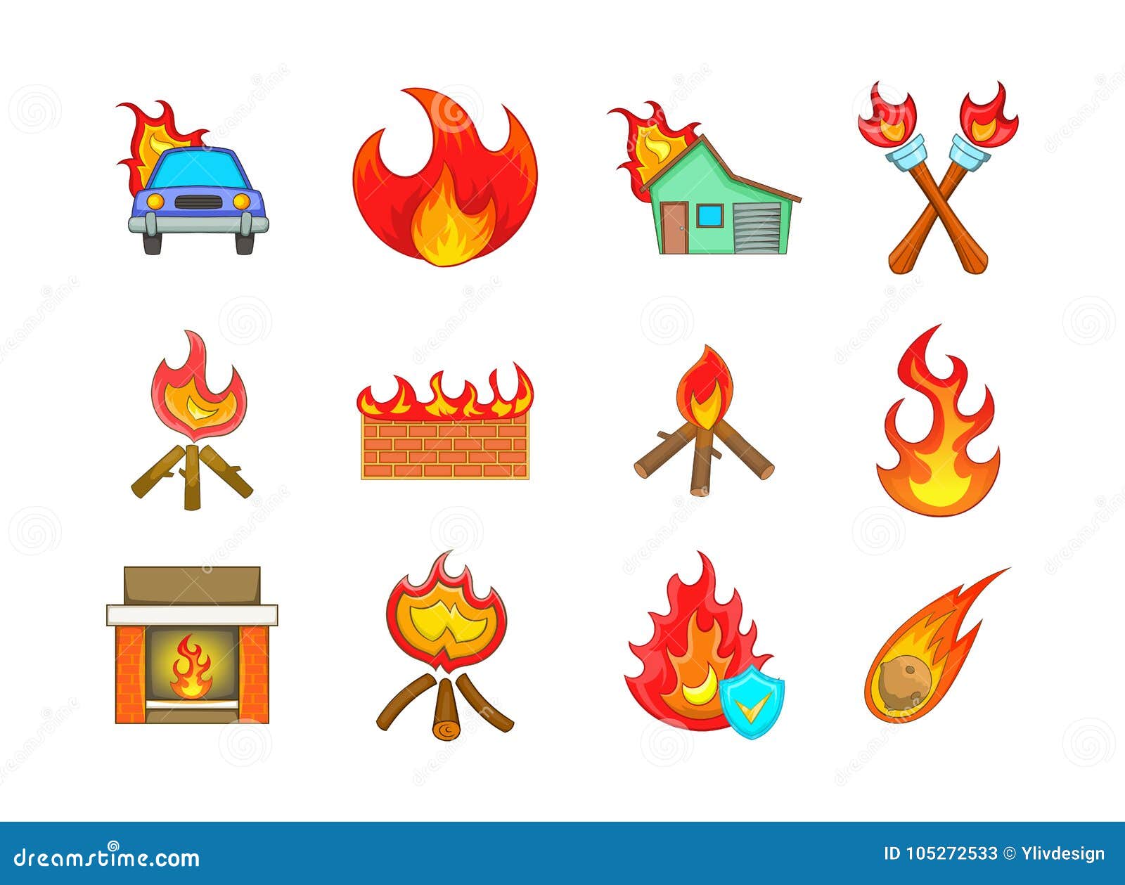 Fire Icon Set, Cartoon Style Stock Vector - Illustration of flame ...
