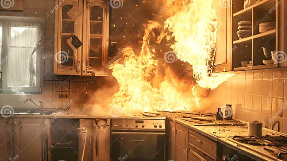 Fire in the Kitchen in Home Stock Image - Image of health, chemical ...