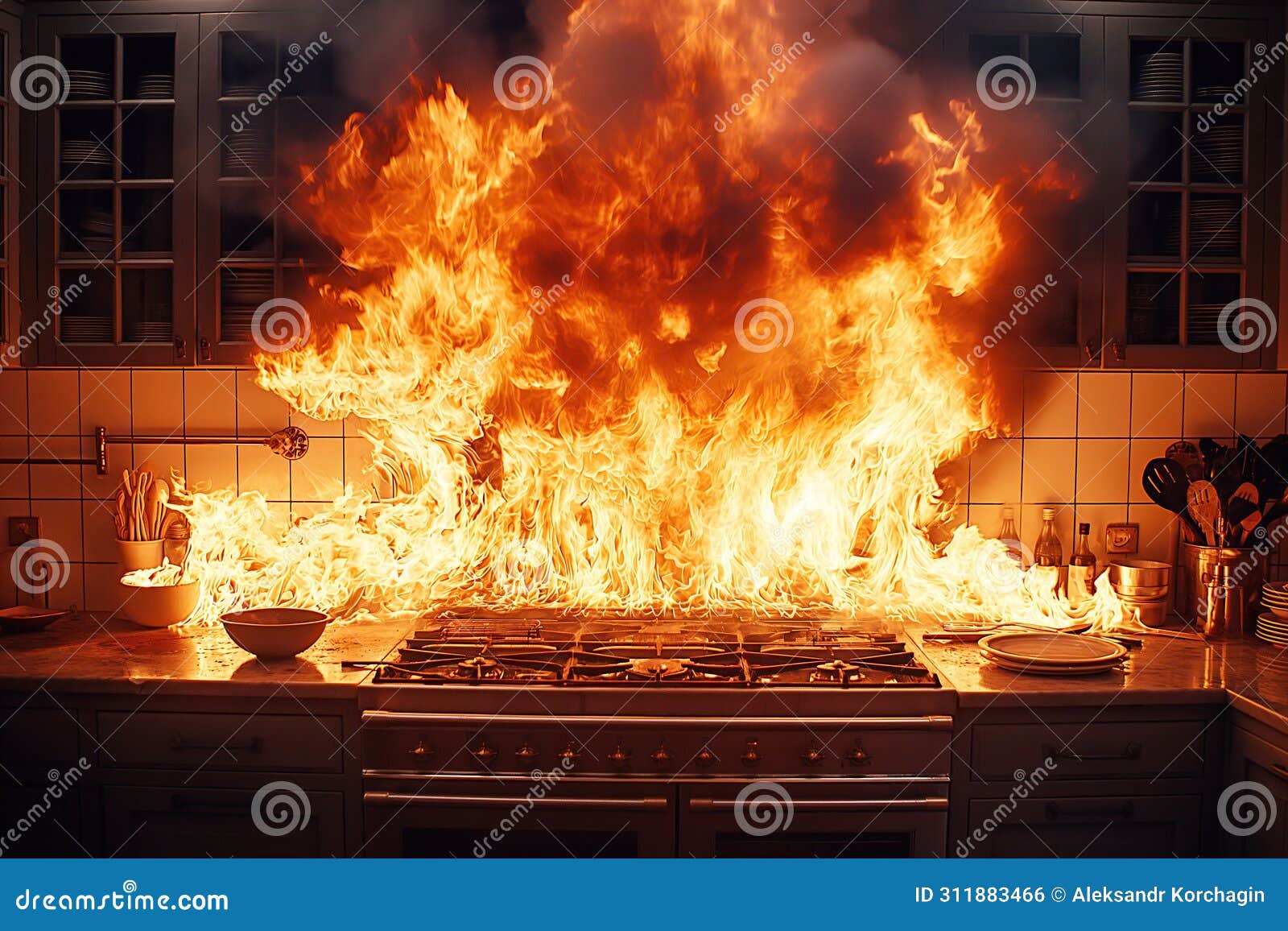 Fire in Kitchen in House. a Burning Gas Stove Stock Photo - Image of ...