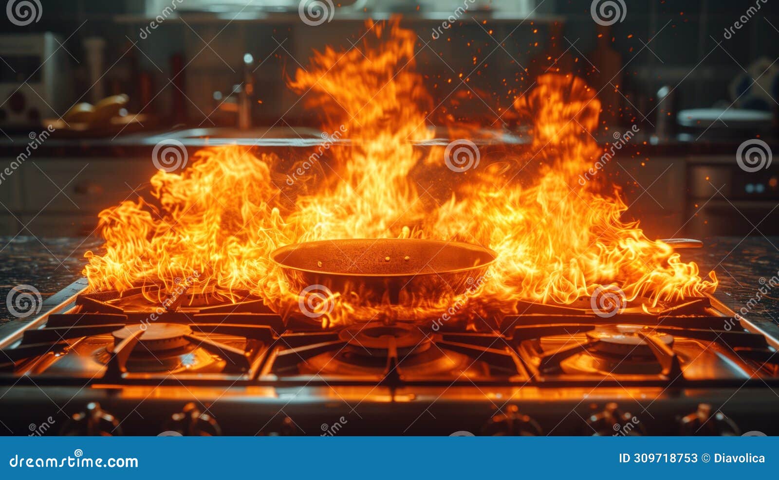 Fire on kitchen stove stock illustration. Illustration of stove - 309718753