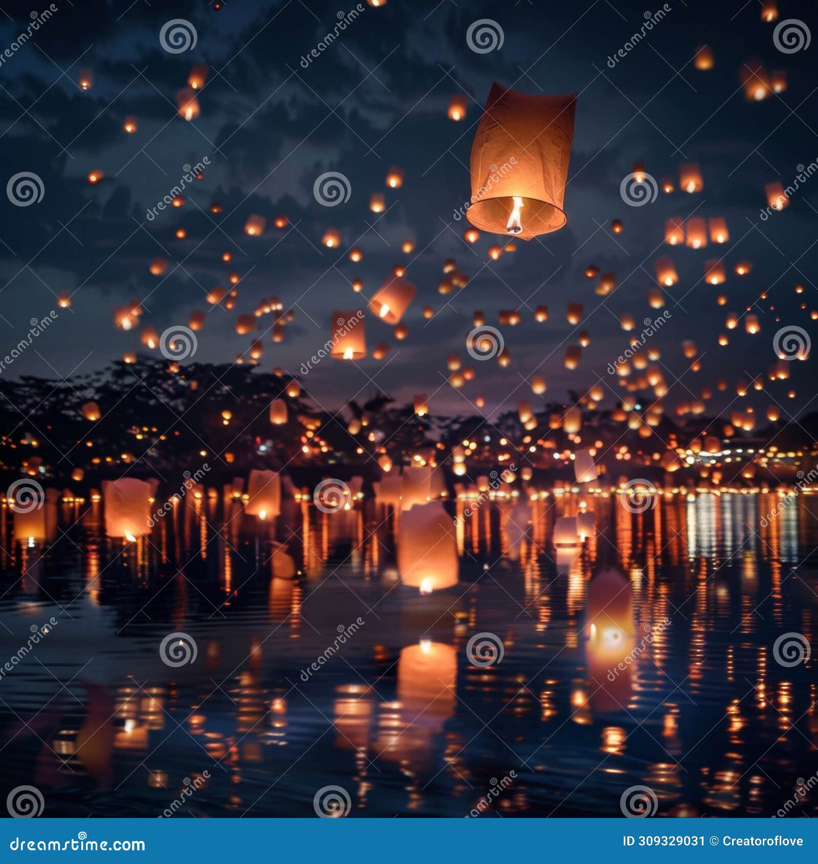 Fire Lanterns Floating with Night Background Stock Illustration ...