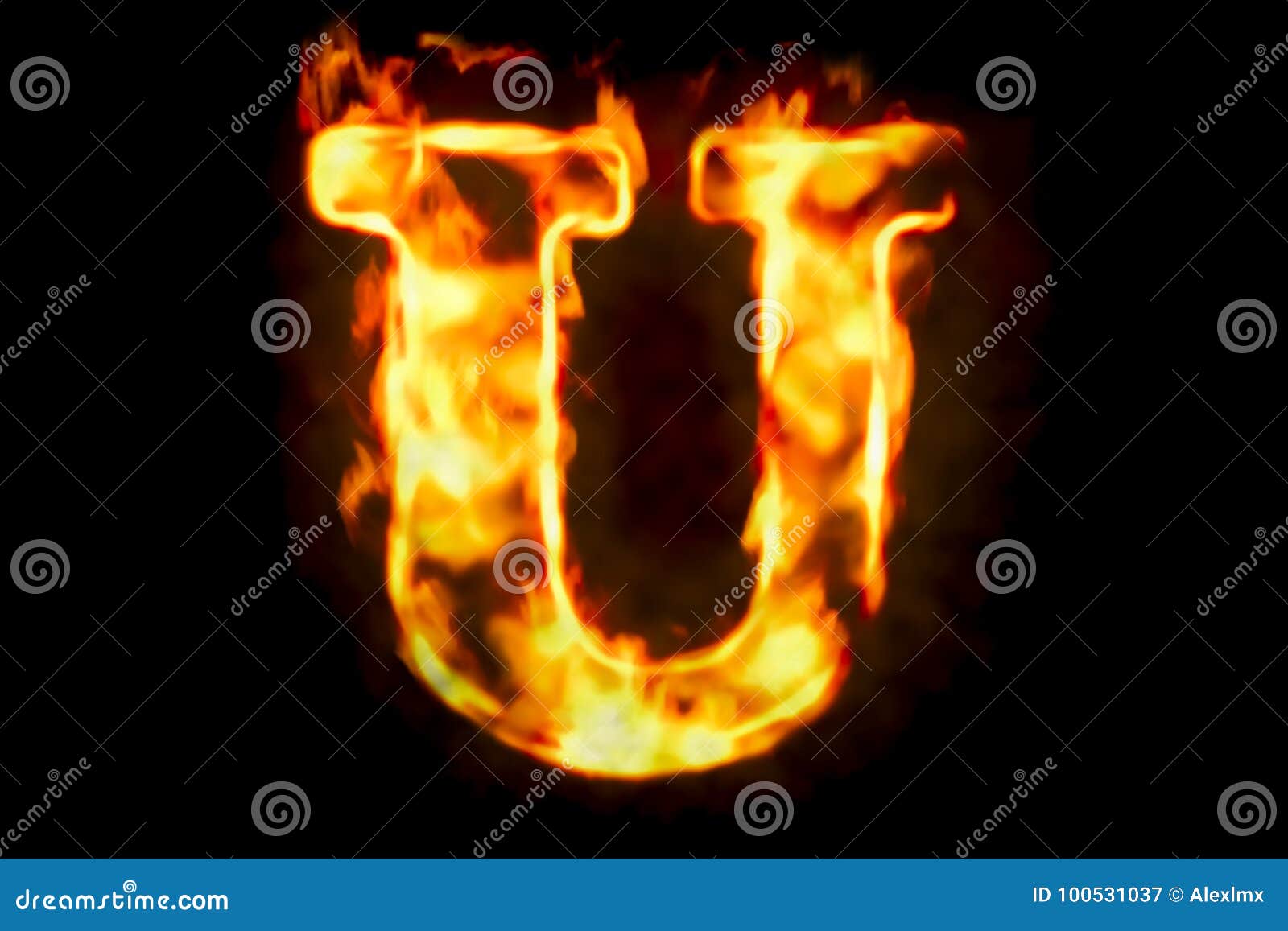 Fire Letter U of Burning Flame Light, 3D Rendering Stock Illustration ...