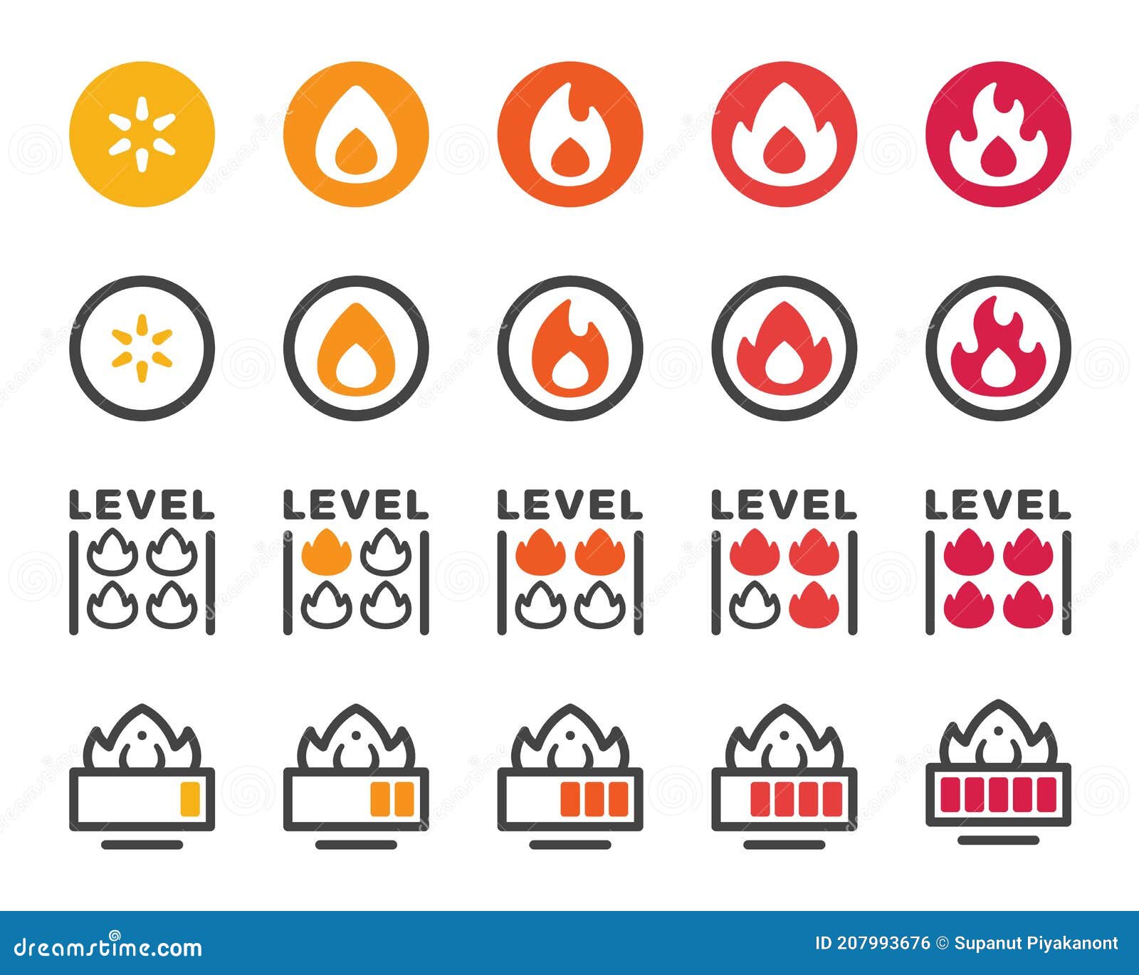 Fire level icon set stock vector. Illustration of heat - 207993676