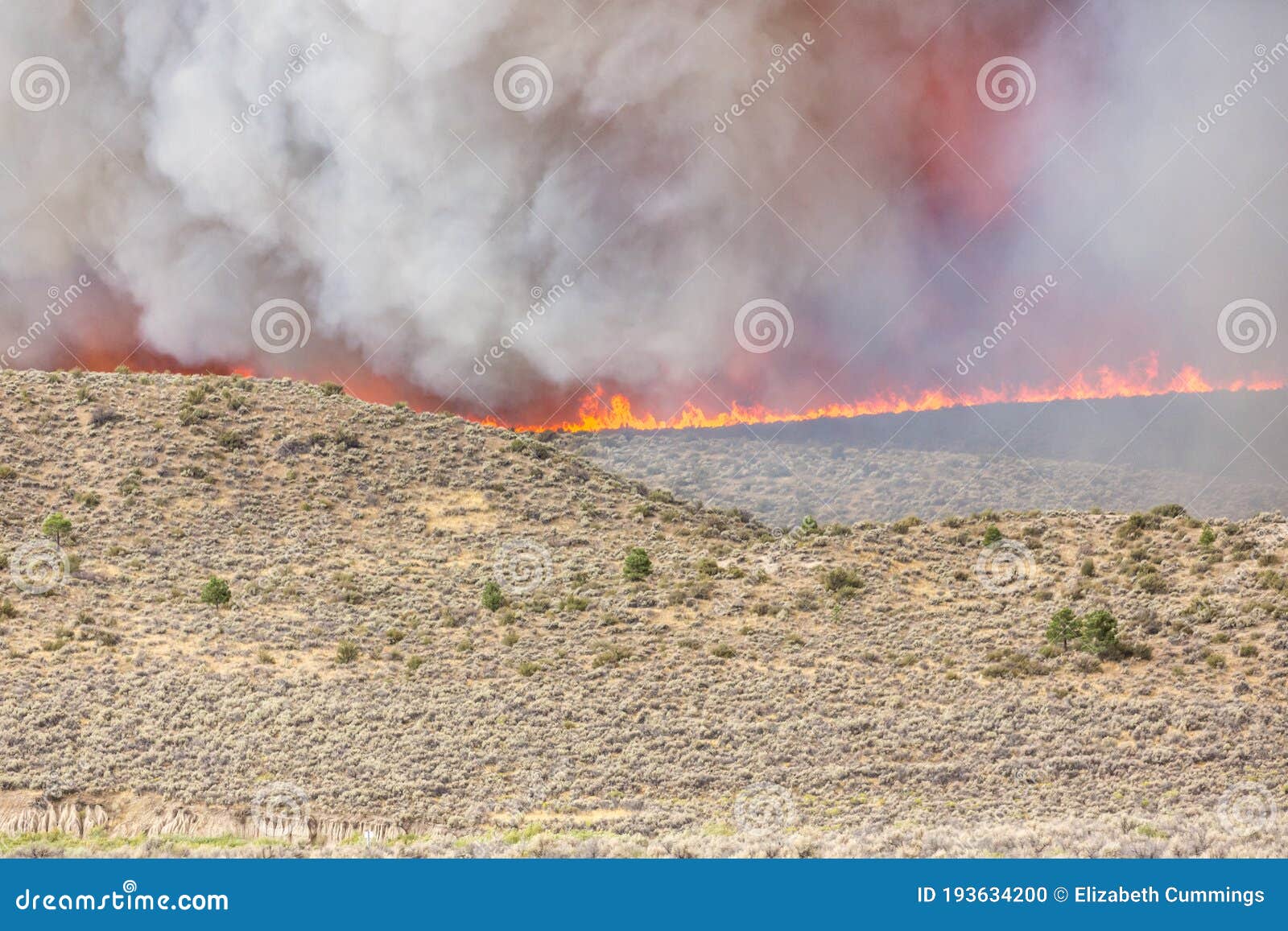 Fire Line and Dense Gray Smoke from a Large Wildfire Over a Partially ...