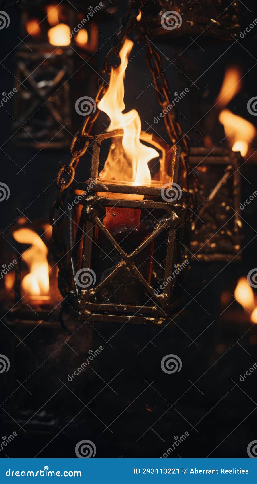Fire Lit Lanterns Hanging from Chains in a Dark Room Stock Illustration ...