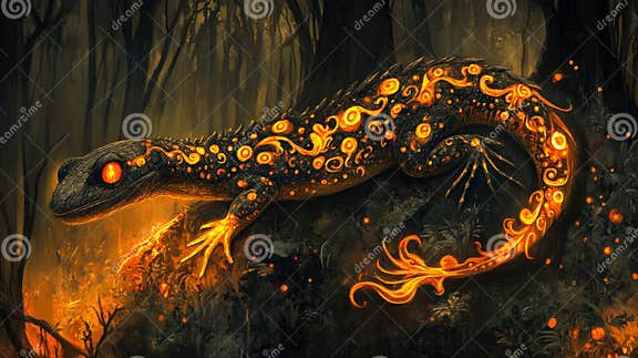 Fire Lizard Emerging from Burning Embers in a Dark Forest Stock Photo ...