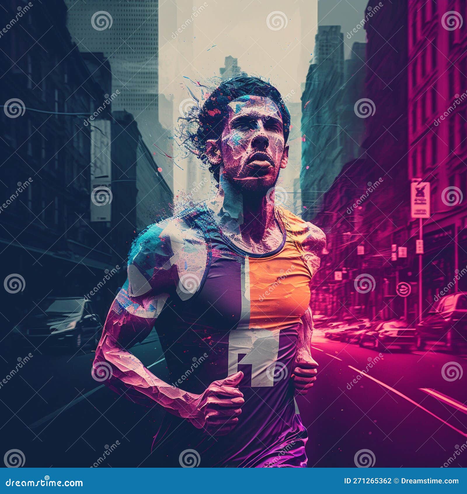 Fire Marathon Runner in a City, Vector Illustration, Double Exposure ...