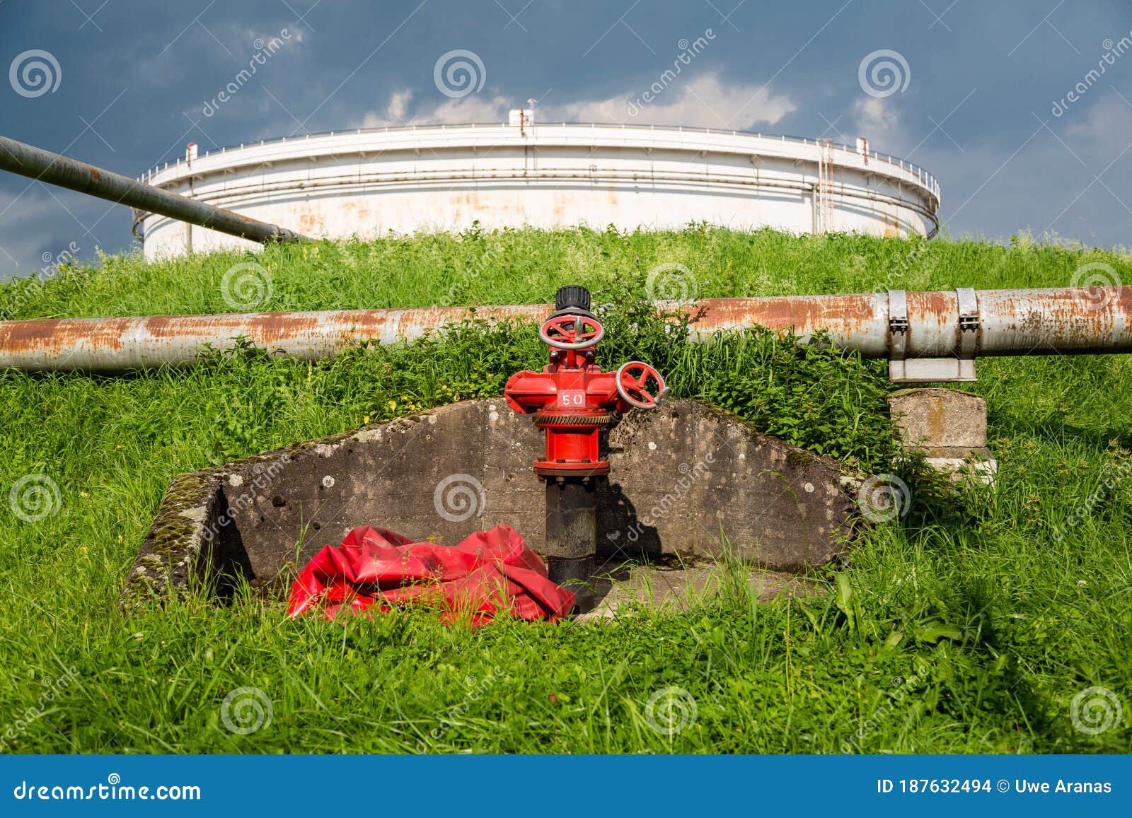 A Red Fire Monitor in Front of a Crude Oil Storage Tank Stock Photo ...