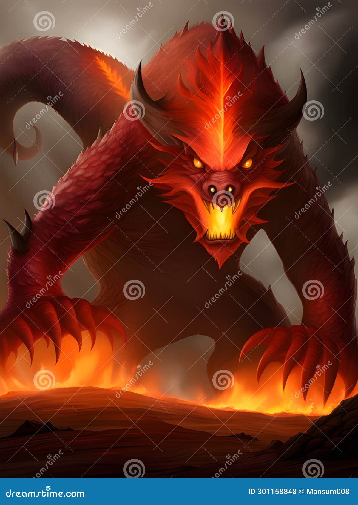 Fire monster in the cave stock illustration. Illustration of design ...