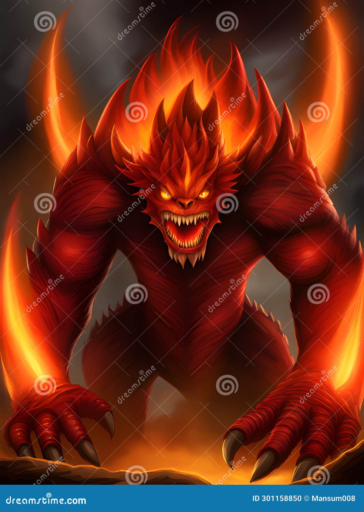 Fire monster in the cave stock illustration. Illustration of dark ...