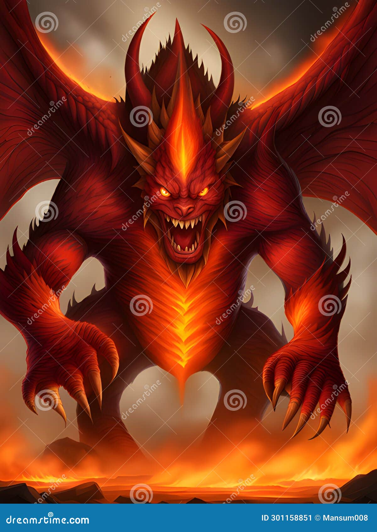 Fire monster in the cave stock illustration. Illustration of monster ...