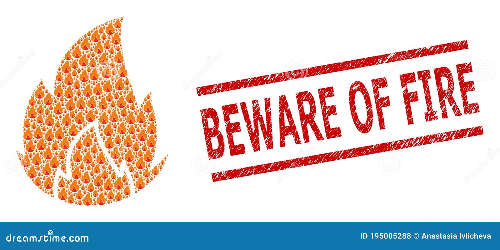 Fire Mosaic of Fire Items and Scratched Beware of Fire Seal Stamp Stock ...