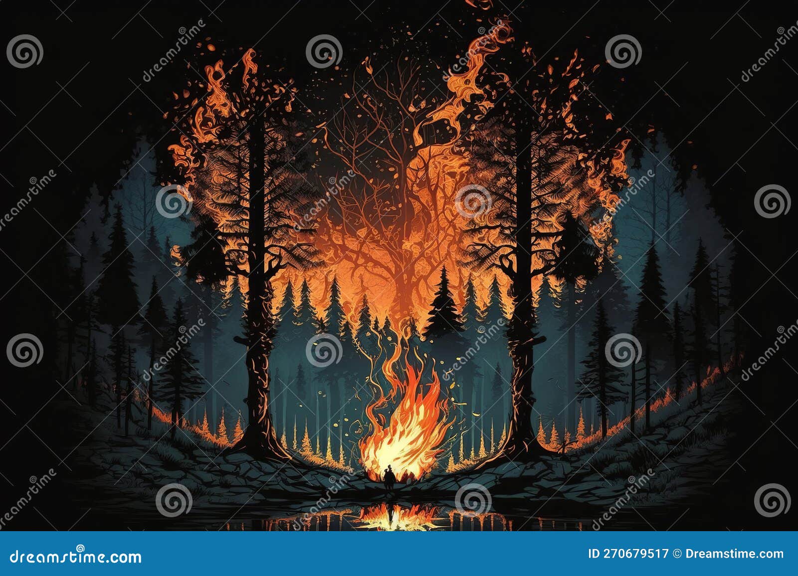 Fire in the Night Forest, Flames on the Trees. Generative AI ...
