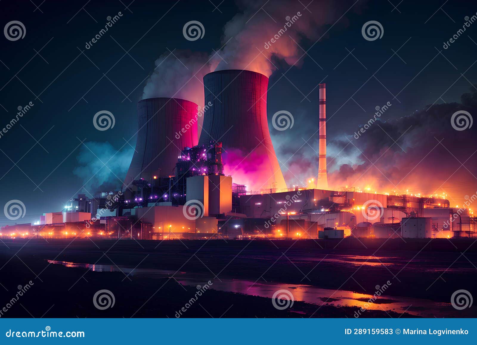 Fire at a Nuclear Power Plant in Neon Colors. Environmental Disaster ...