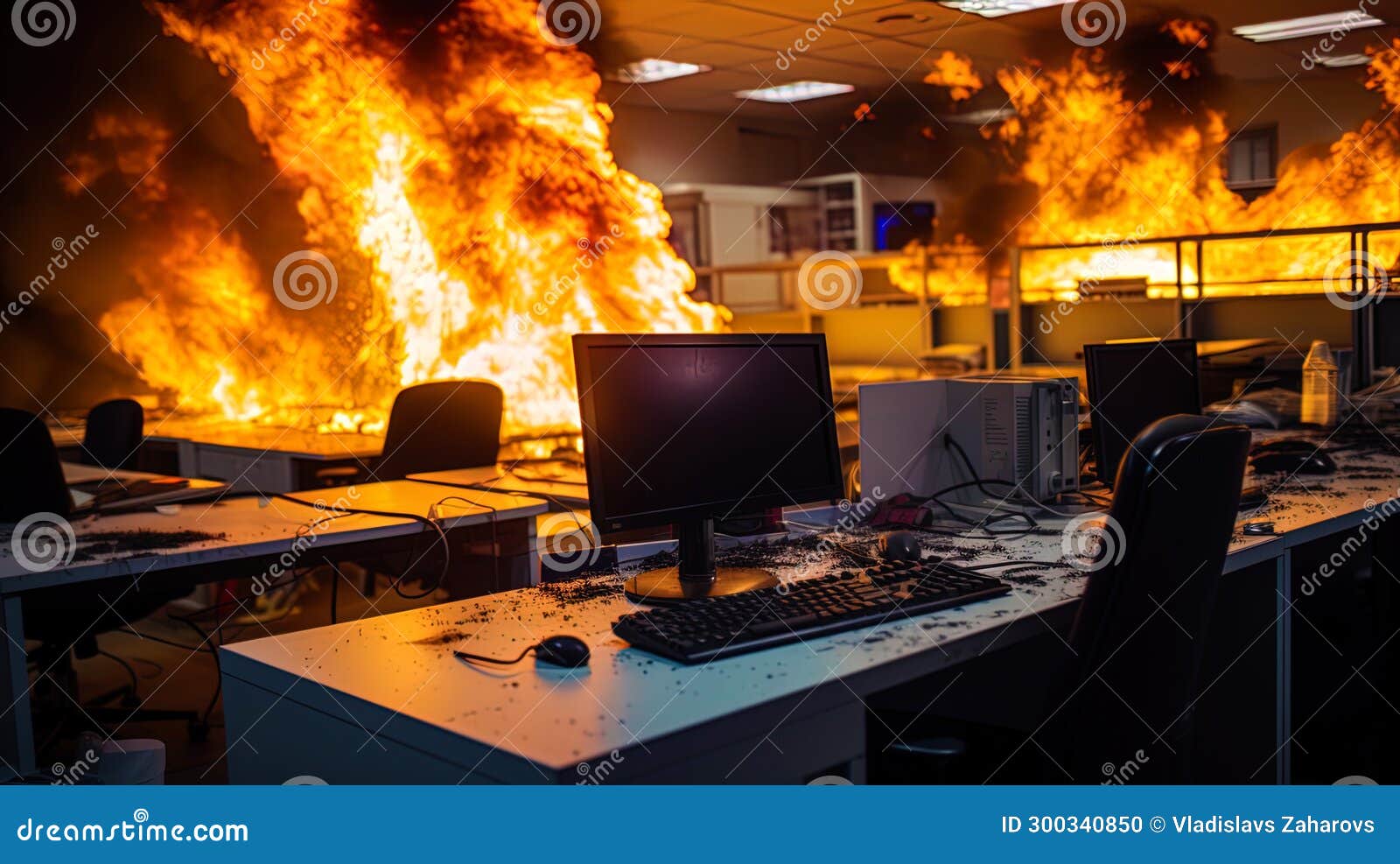 Fire in the Office, a Computer in the Spotlight Stock Illustration ...