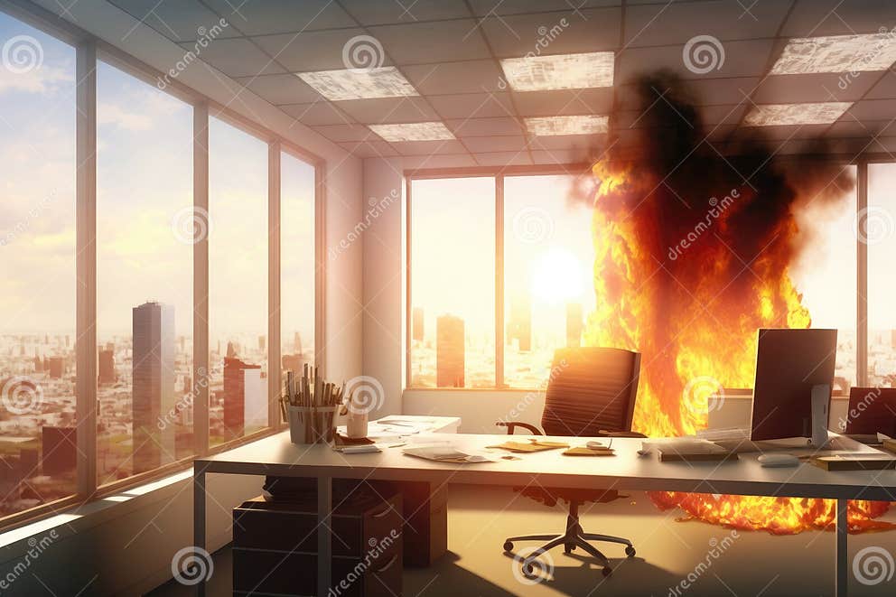 Fire in an Office with Panoramic Windows. Generative AI Stock ...