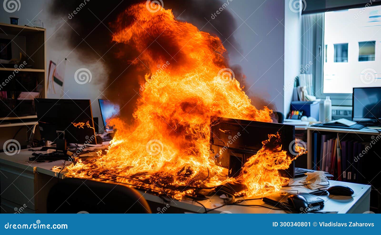 A Fire in the Office Where the Laptop on the Table Burns Stock ...