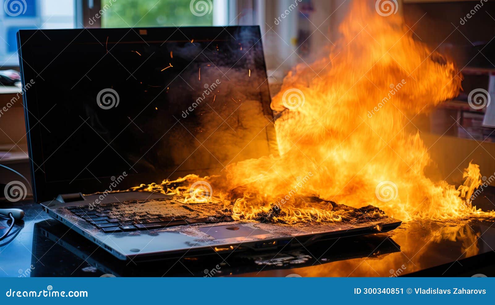 Fire in the Office Where the Laptop on the Window Burns Stock ...
