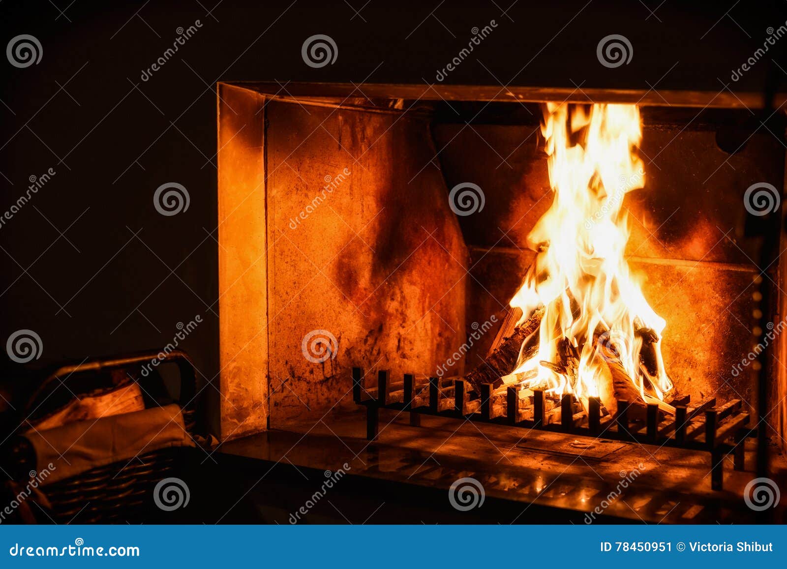 Fire in the Old Fireplace in Dark Room Stock Image - Image of glowing ...